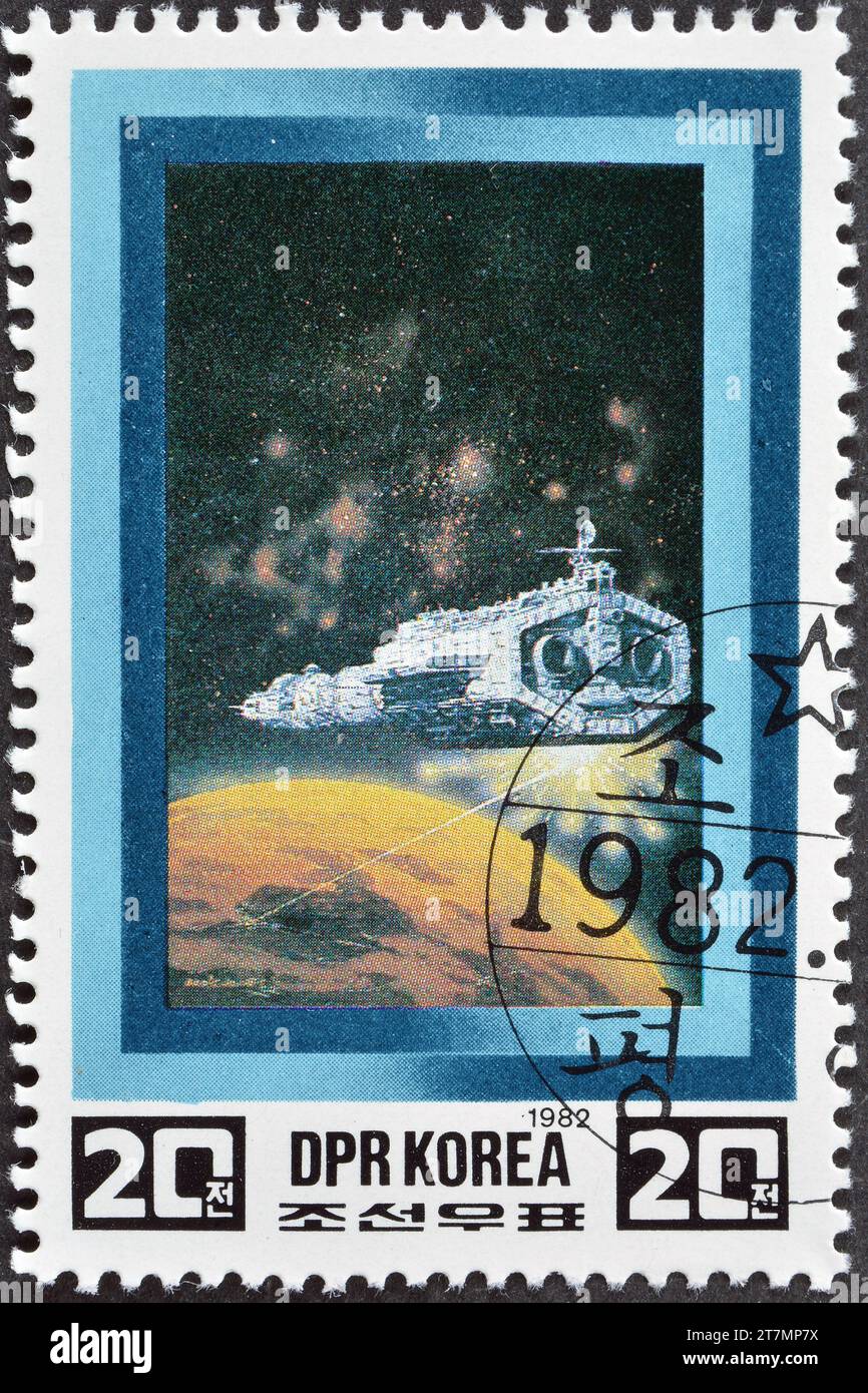 Cancelled postage stamp printed by North Korea, that shows Spaceship ...