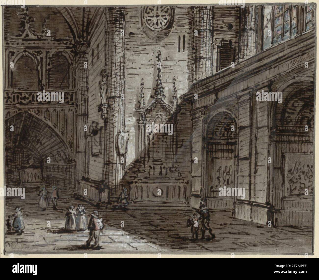 Joseph Fischer Church interior with figures. Feder in brown, lavated ...