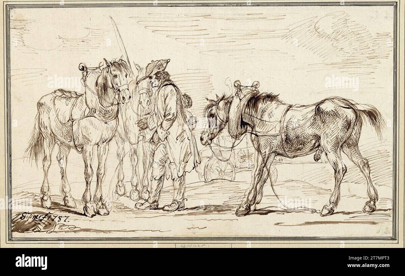 Conrad Gessner Postillion with three scraped horses, in the background ...