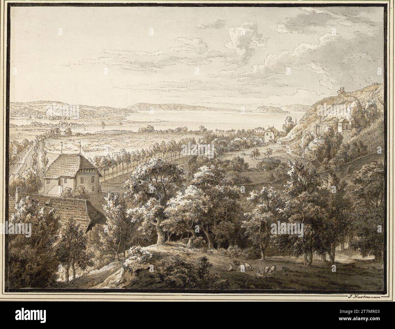 Johann Joseph Hartmann View of Lake Biel. Feder in black brown, yellow ...