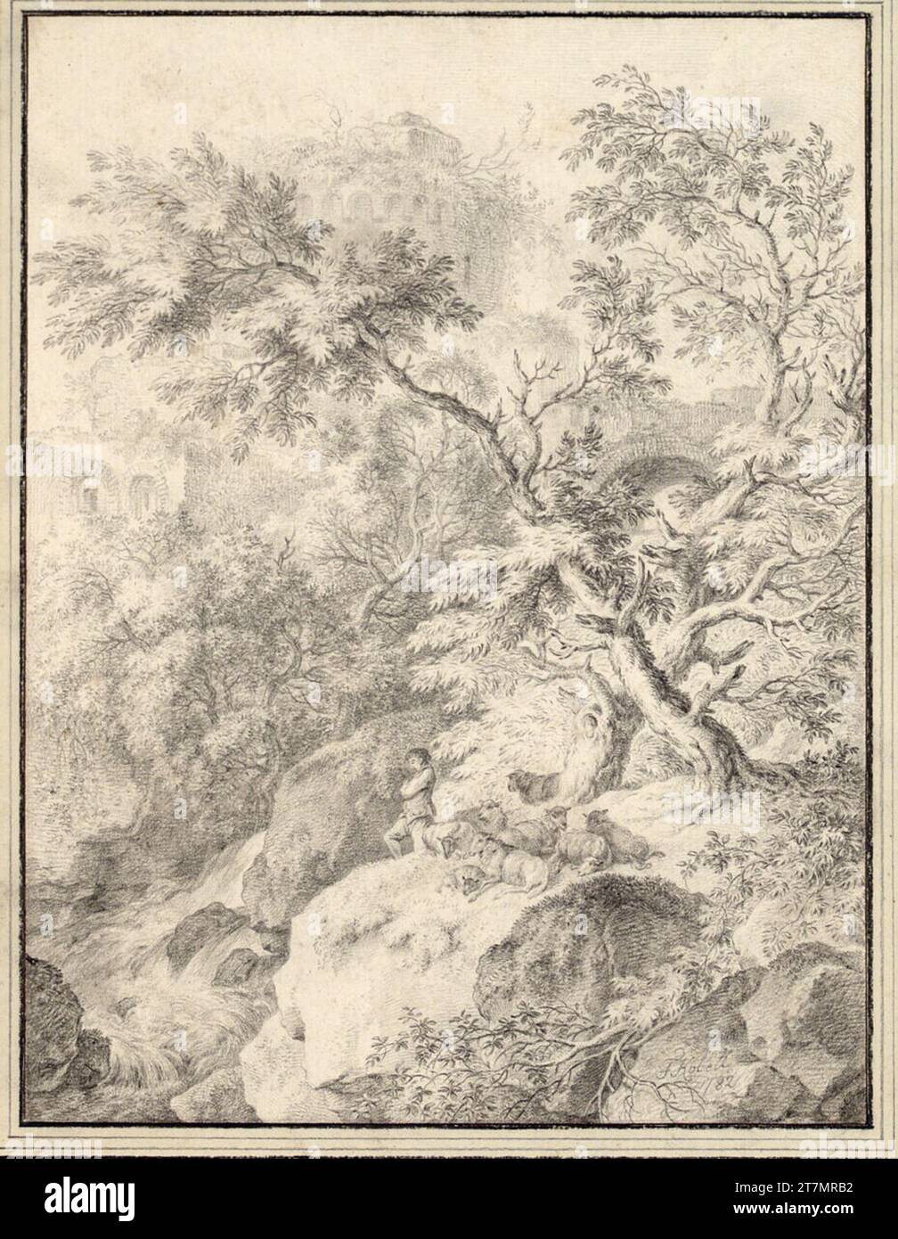 Ferdinand Kobell Tree -rich rock landscape with Sturzbach, castle ruins ...