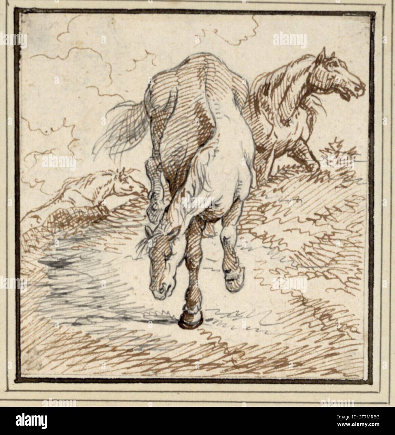 Ferdinand Kobell Three horses in the pasture. Feder in brown and gray ...