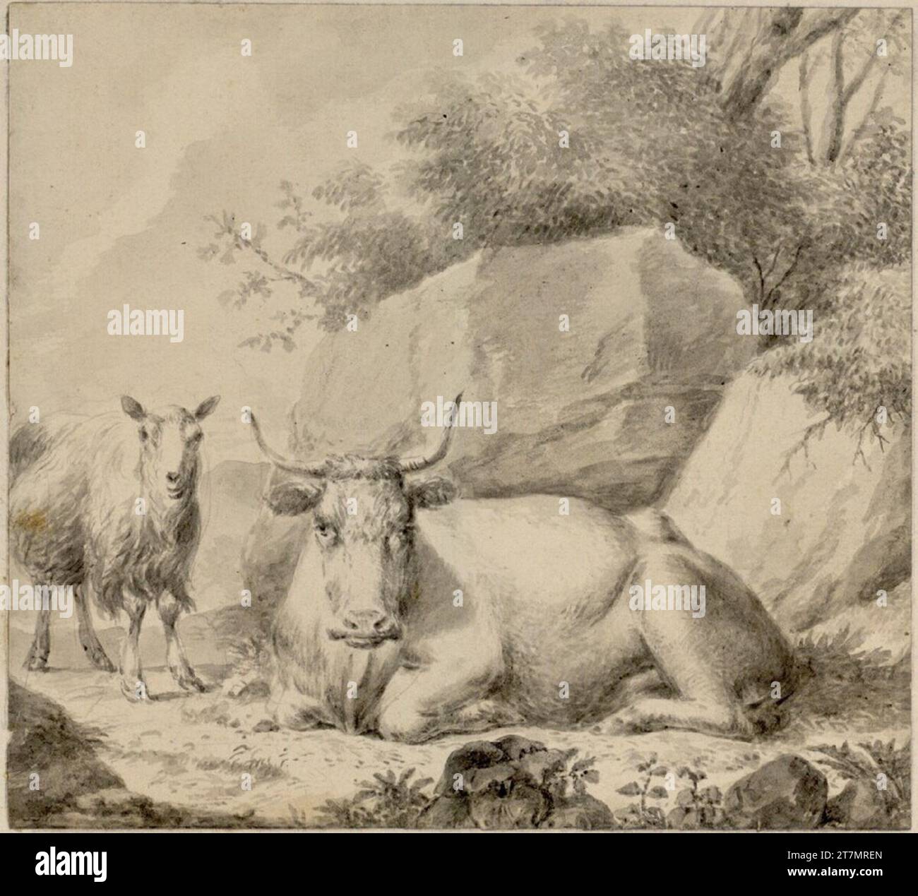 Johann Georg Kraer Lying beef and goat in front of rock blocks. Brush ...