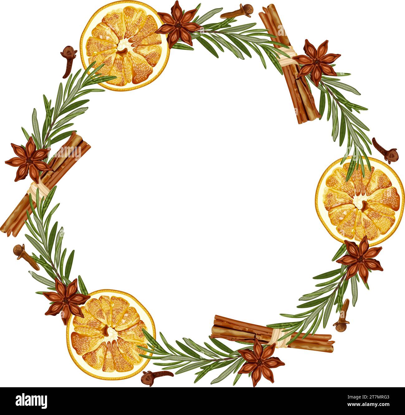 Christmas wreath, frame with dried orange, rosemary, cinnamon, anise ...