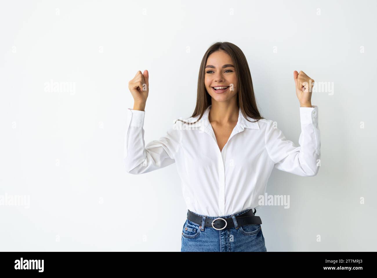 Portrait of a excited woman with positive emotions - on white ...