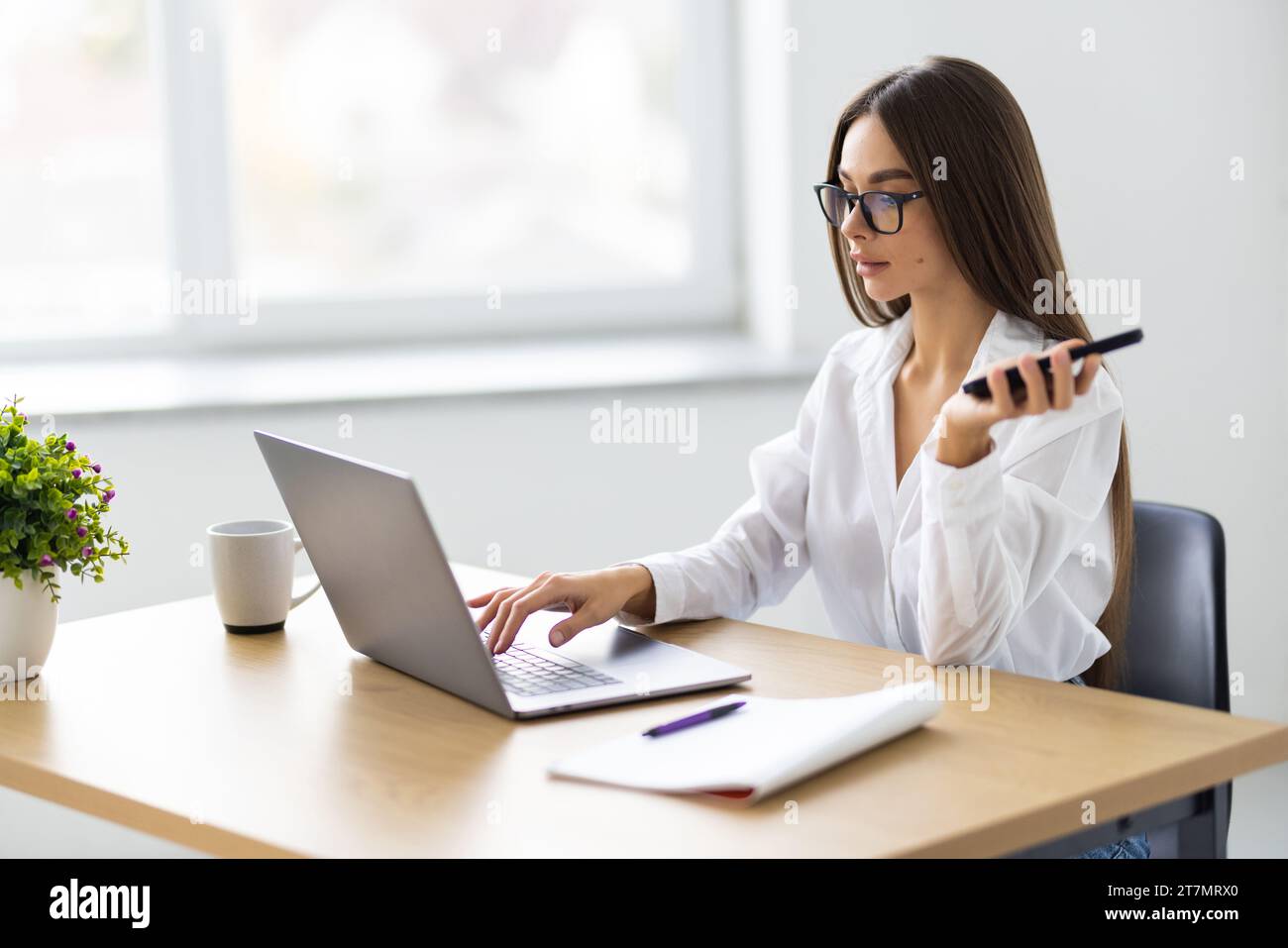 Portrait of attractive positive lady sit chair use wireless netbook ...