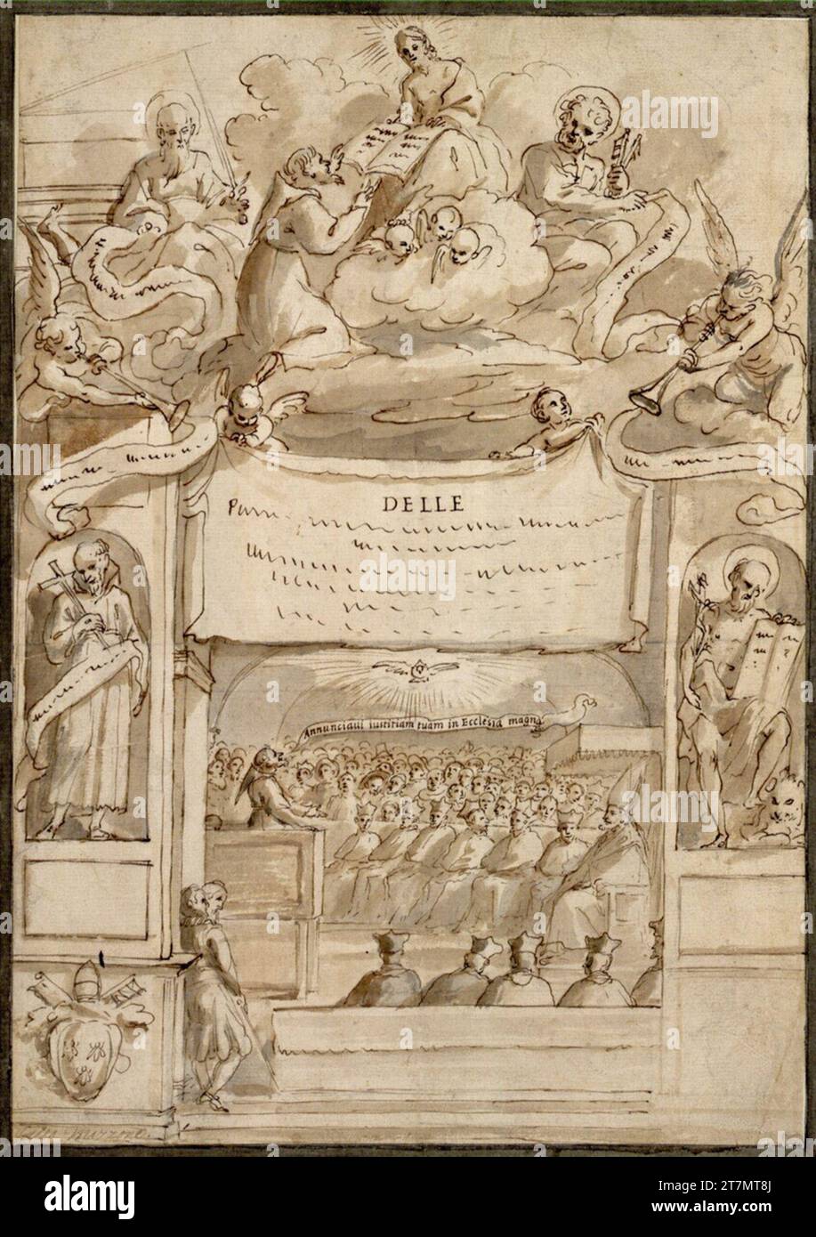 Giulio Mazzoni Christ on clouds, next to him Peter and Paul; in niches ...