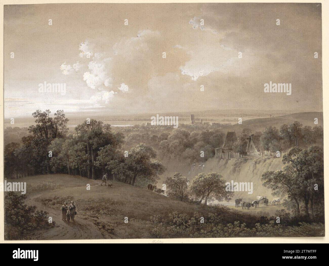 Martin von Molitor Landscape with figure staff on the left. Gouache ...