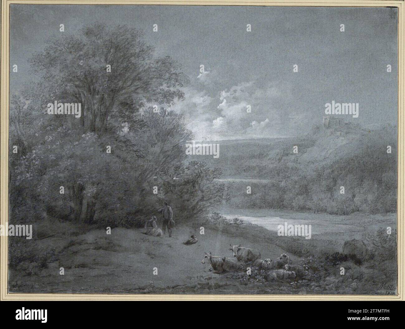 Martin von Molitor Landscape with shepherds, sheep and cows. Black ...