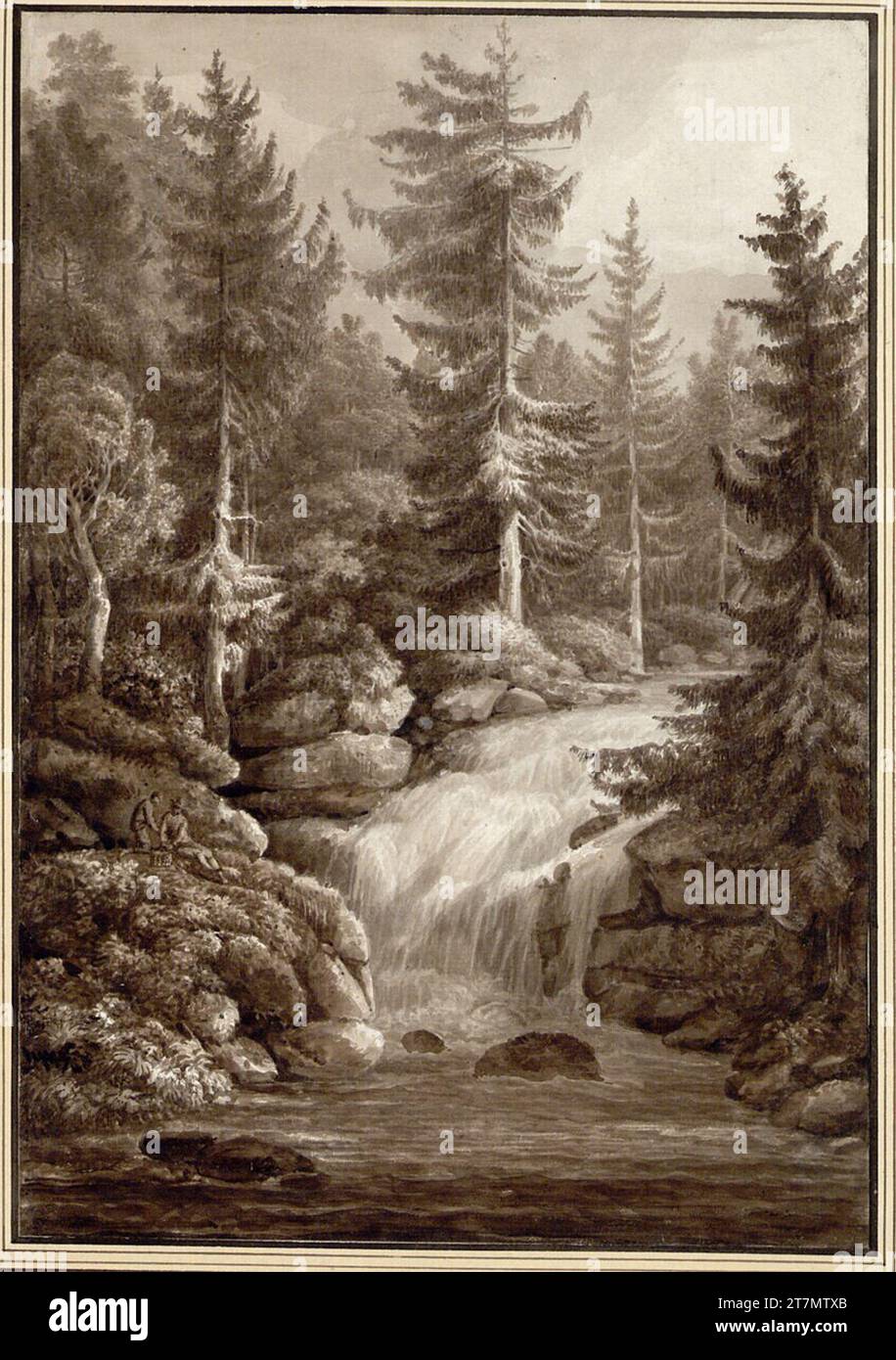Christoph Nathe Waterfall in a rocky forest landscape with figure staff ...