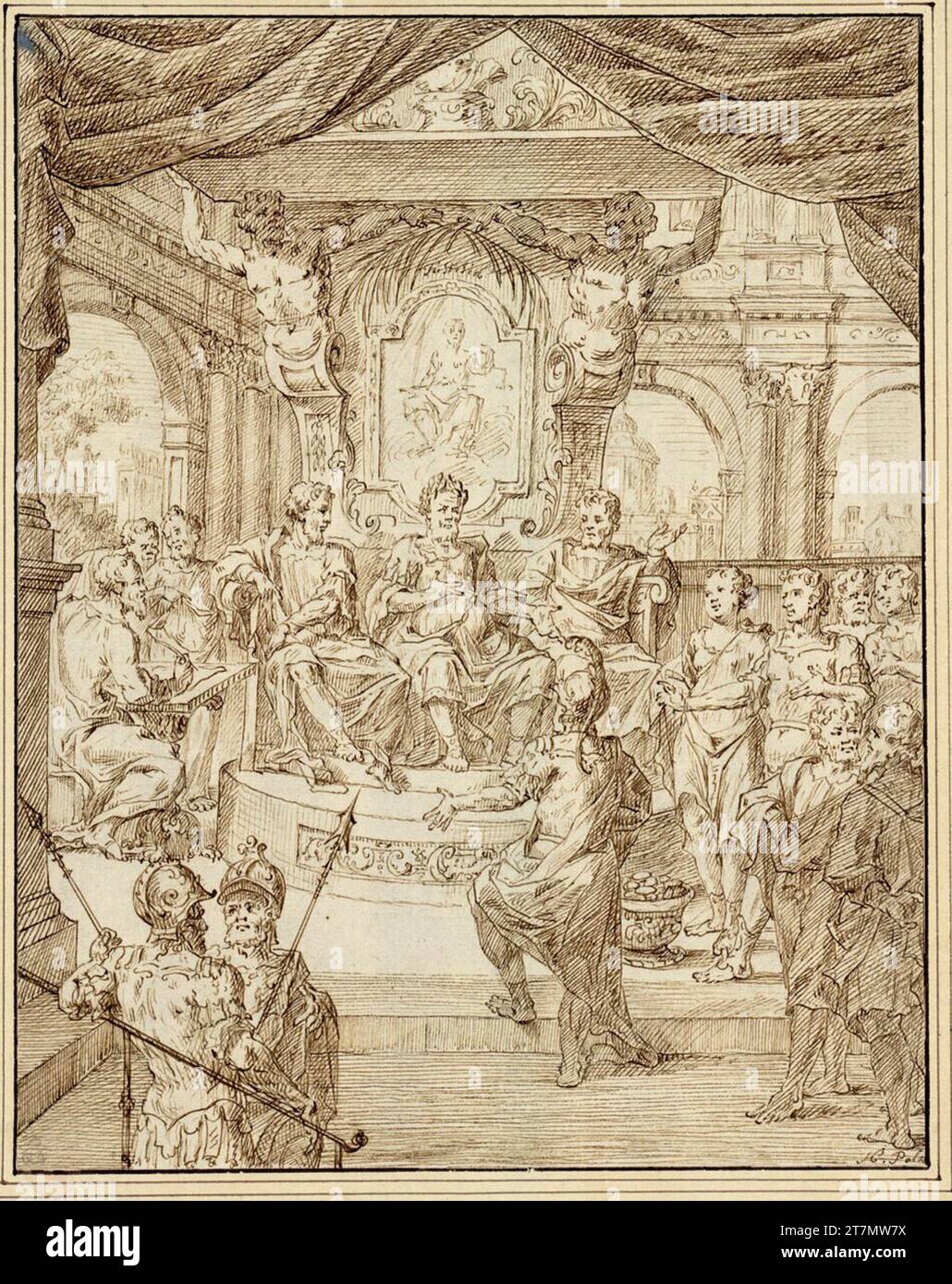 Hendrik Pola Court hearing of a Roman imperator . Feder in brown. Li ...