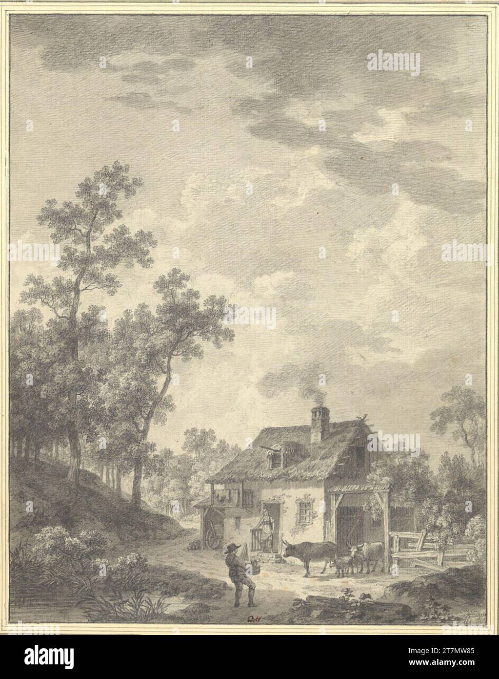 Karl Postl Farmhouse on the way to a forest. Black chalk, gray laved ...