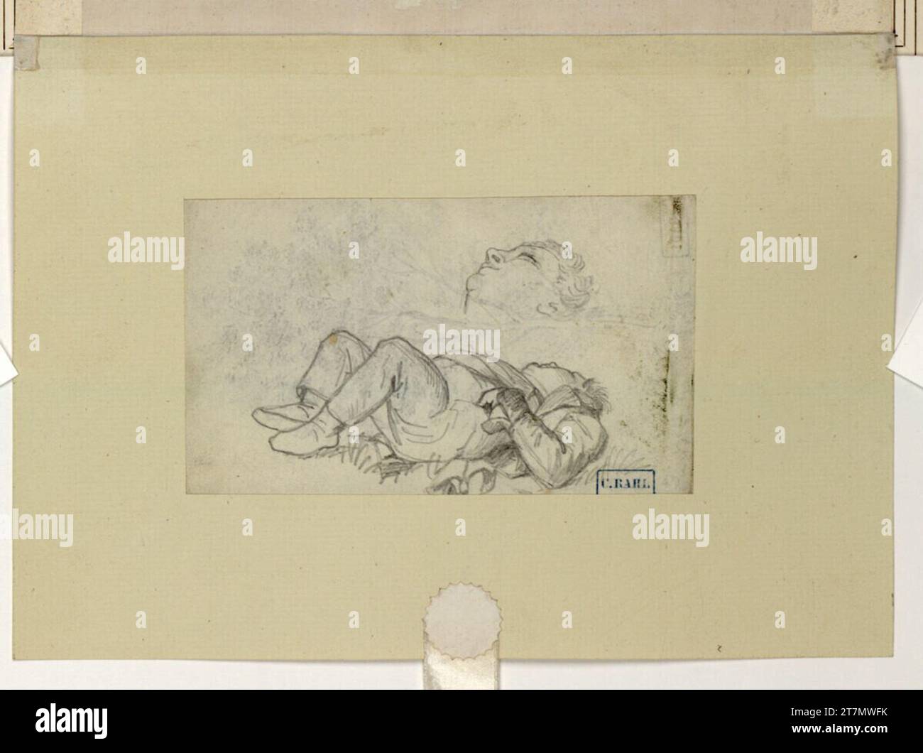Karl Rahl (The Younger) Man lying on the back in meadow. Pencil 1841 ...