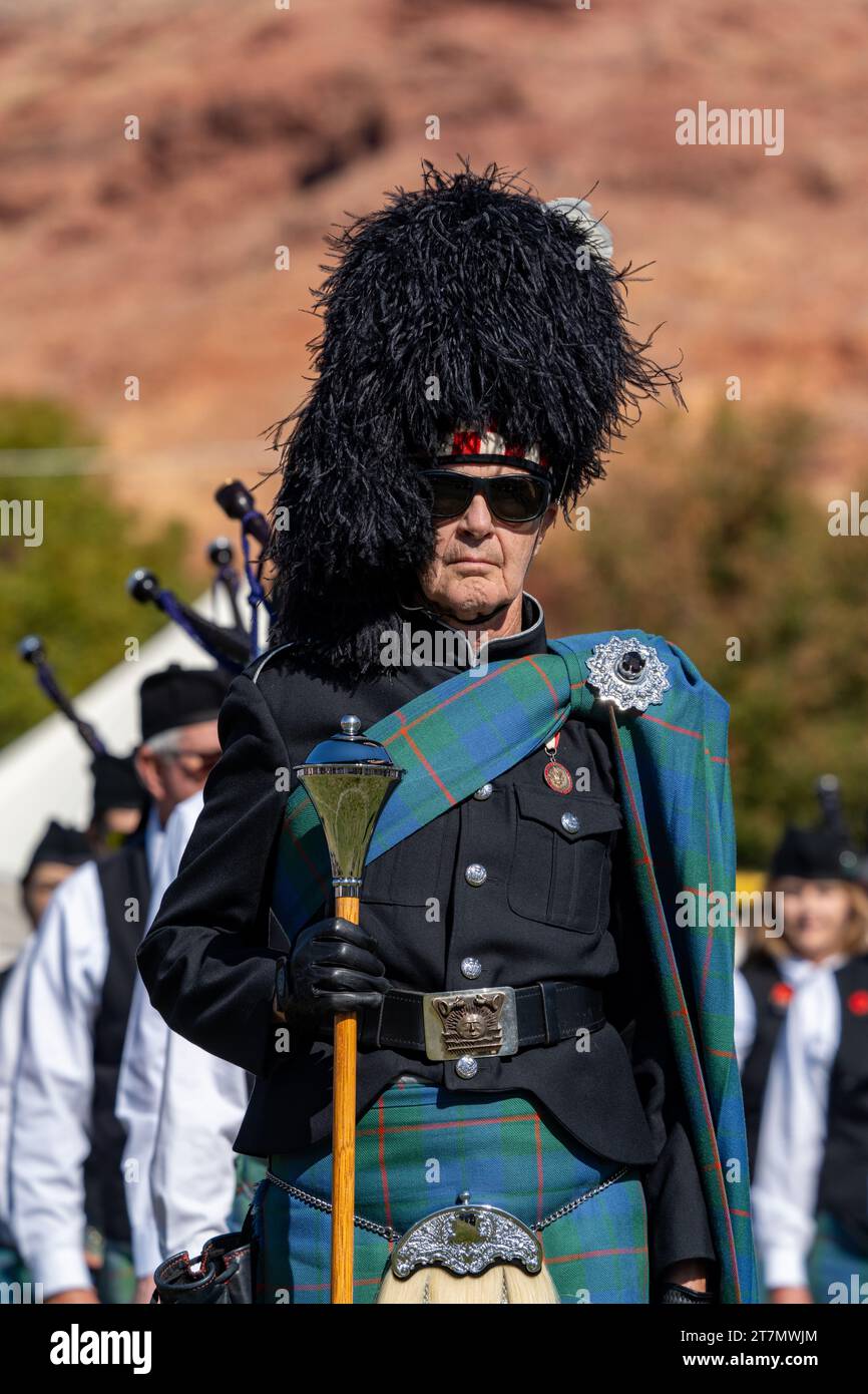 A drum major at the head of a Scottish pipe band at the Scots on the ...