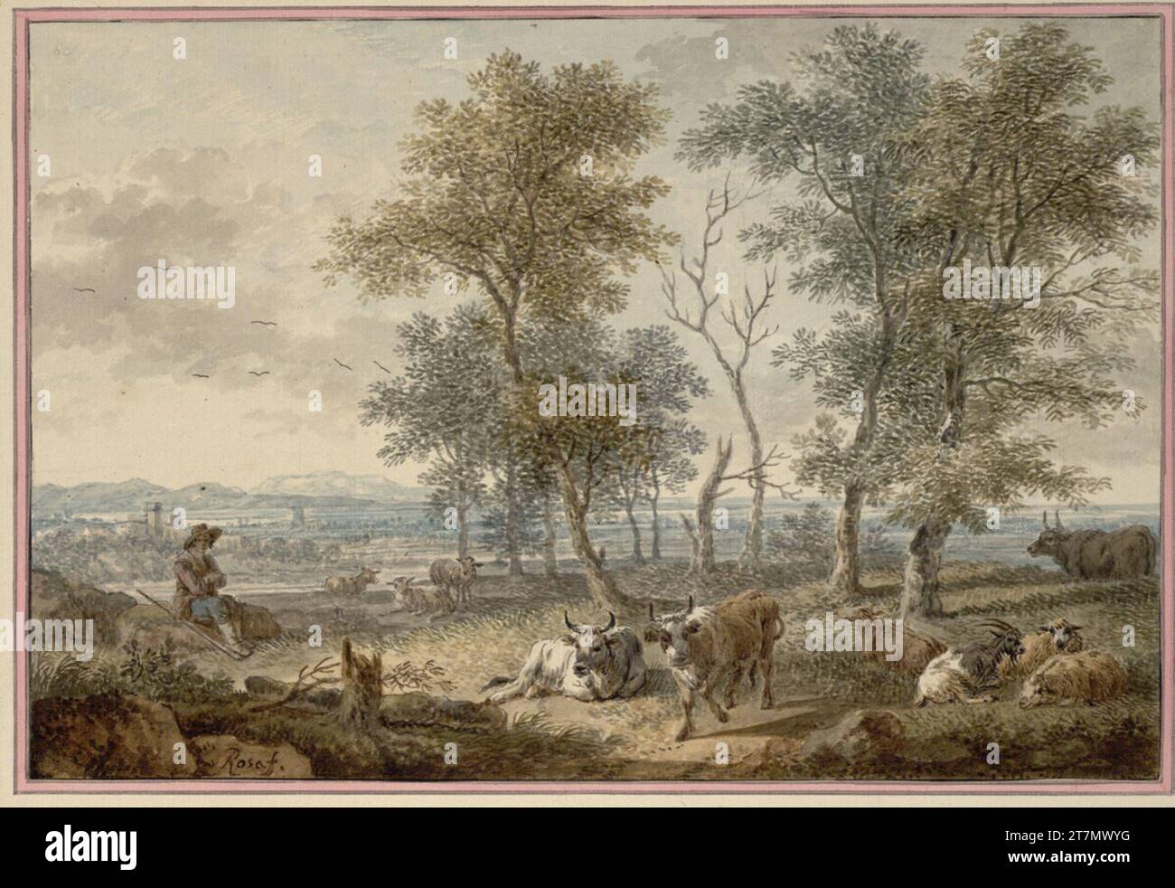 Joseph Rosa Shepherd with herd in deciduous forest, wide landscape in ...