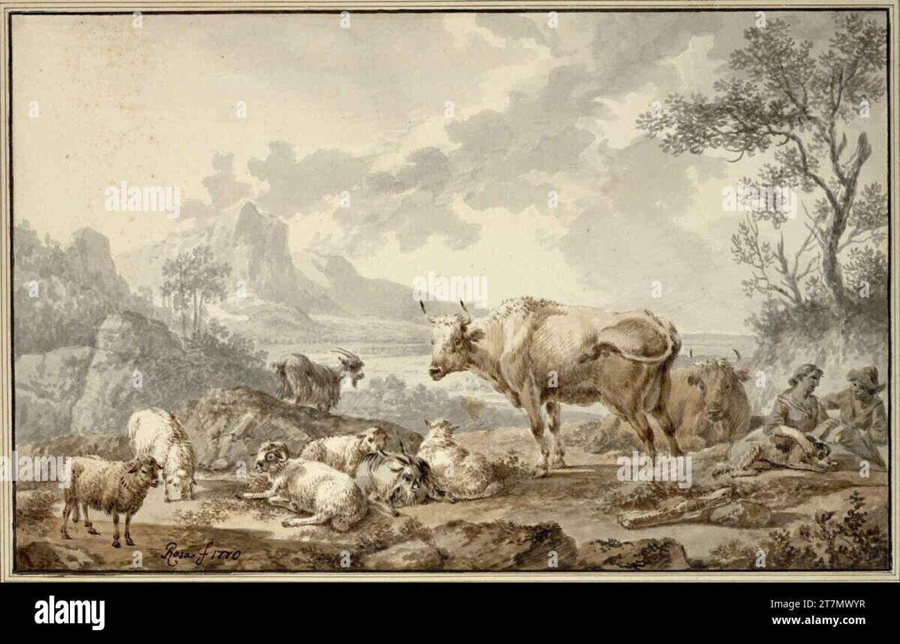 Joseph Rosa Shepherd pair with herd on hill, in view of wide, partly ...