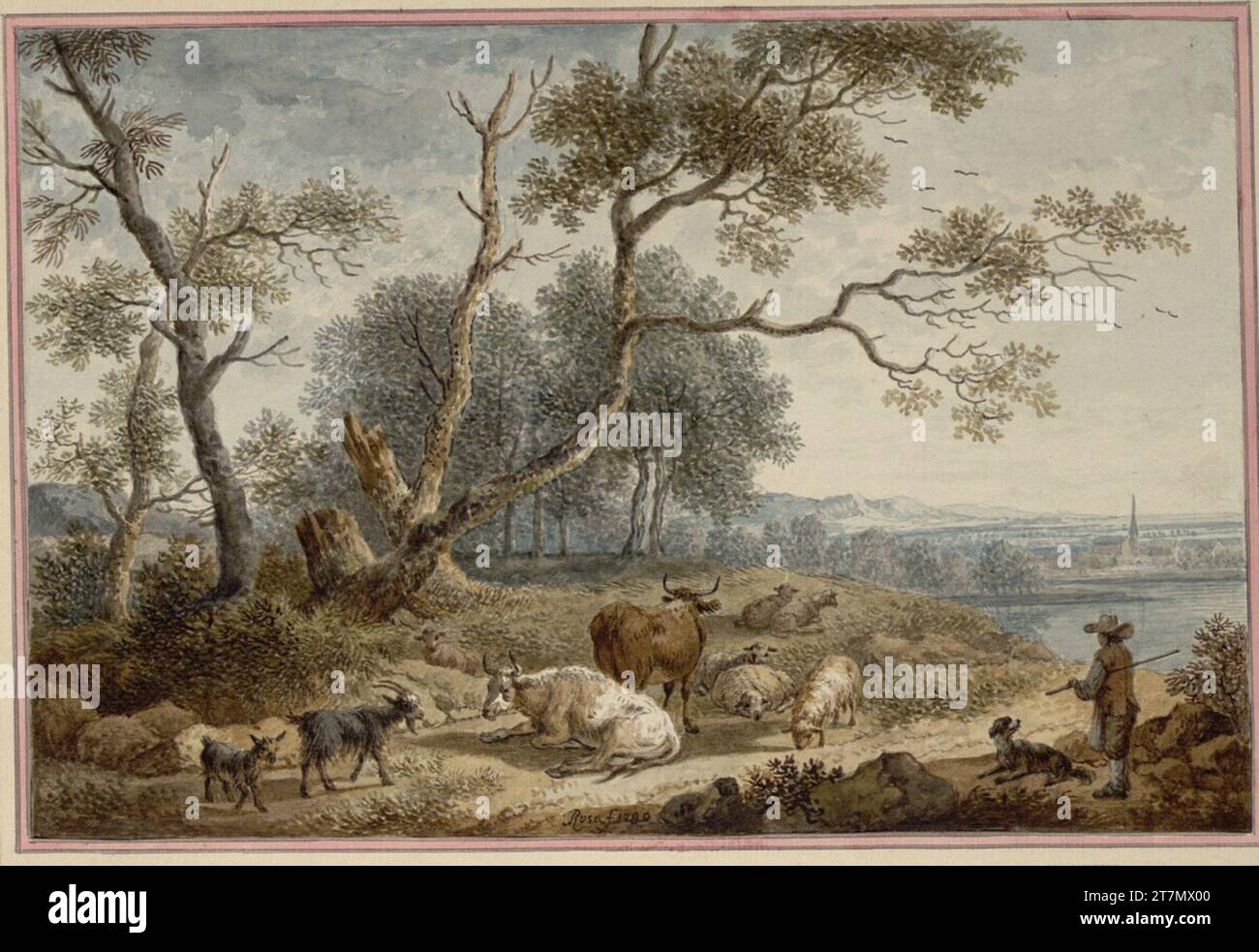 Joseph Rosa Shepherd with herd on a street, in the views of river ...