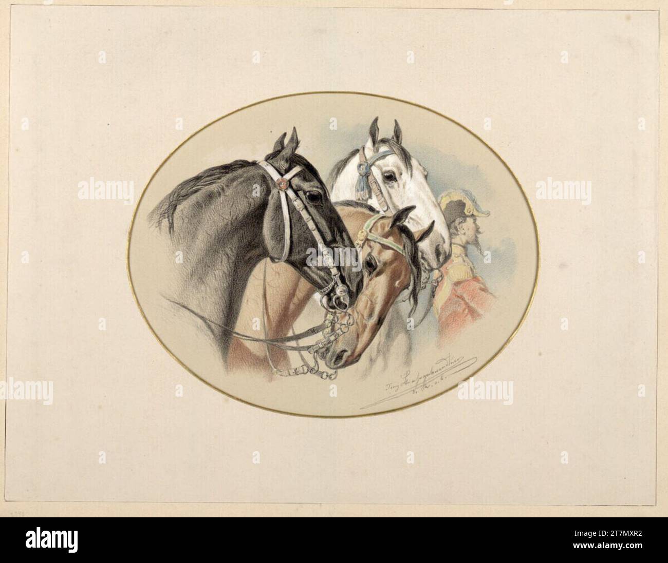 Anton Strassgschwandtner Three horse heads and body hunters. Colored ...