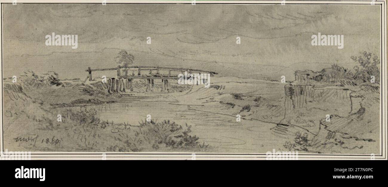Carl Pischinger Landscape with bridge. Pencil 1860 , 1860 Stock Photo ...