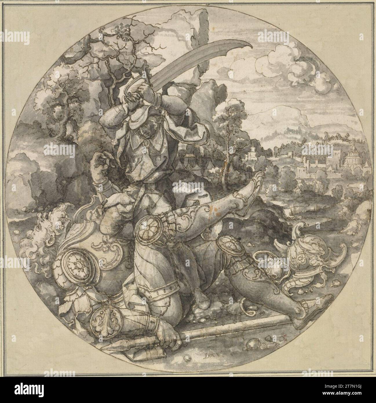 Dirk Jakobsz. Vellert David kills Goliath (disc tear). Feder in brown ...