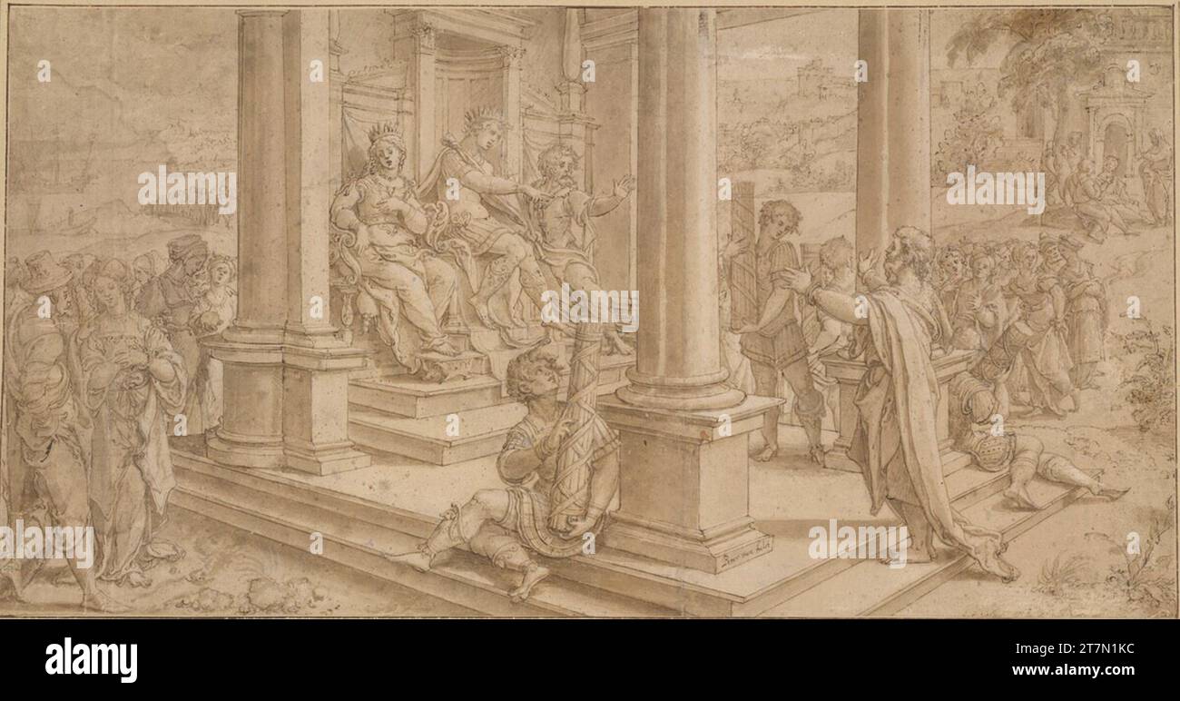Pieter Coecke van Aelst The apostle Paul before Agrippa. Feder in brown on brownish tinted paper ...