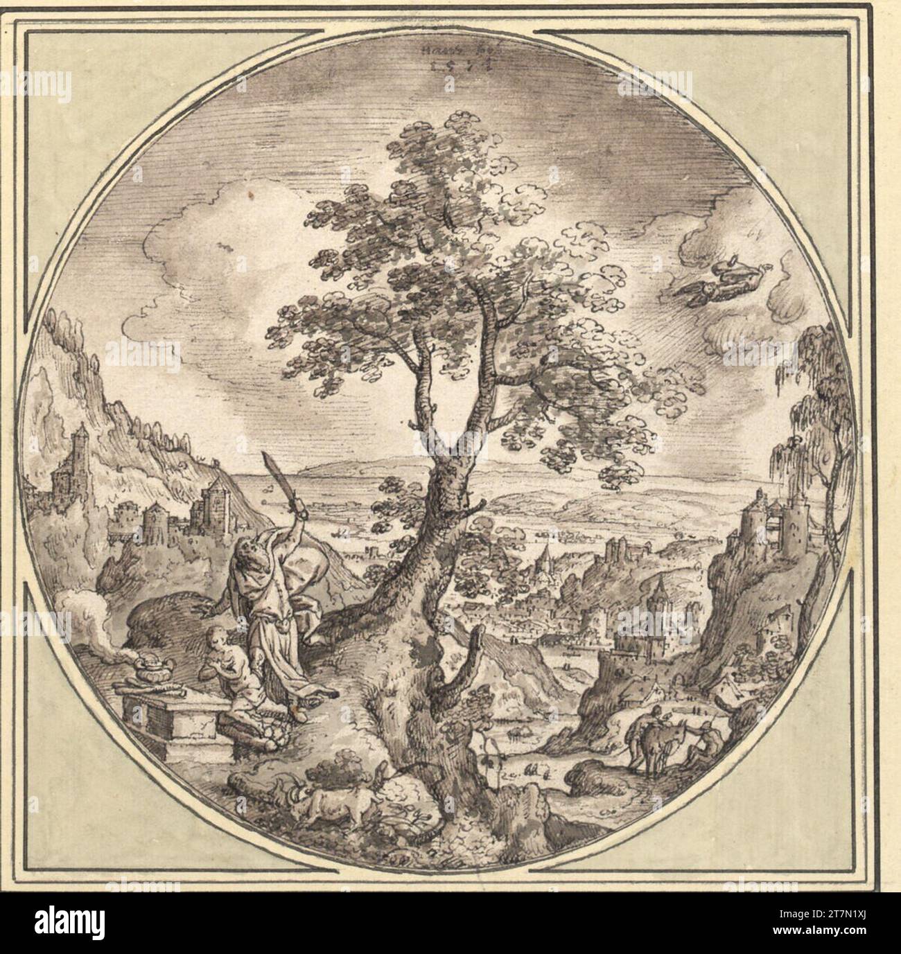 Hans Bol Abraham sacrifices Isaak. Feder in gray, gray and brown laved ...