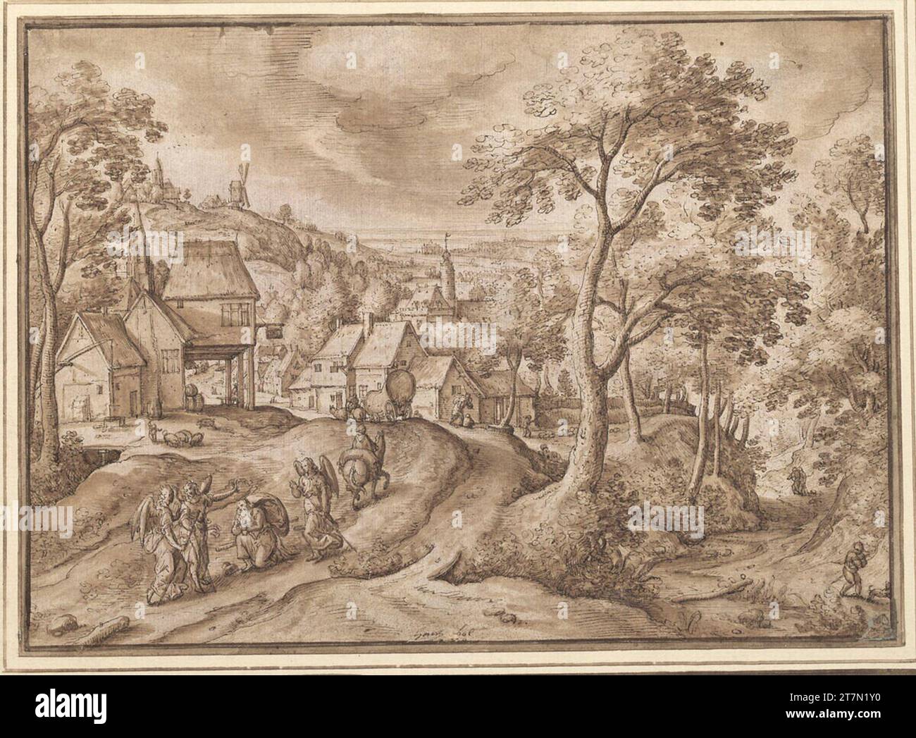 Hans Bol Abraham receives the three angels. Feder in brown, laved Stock ...