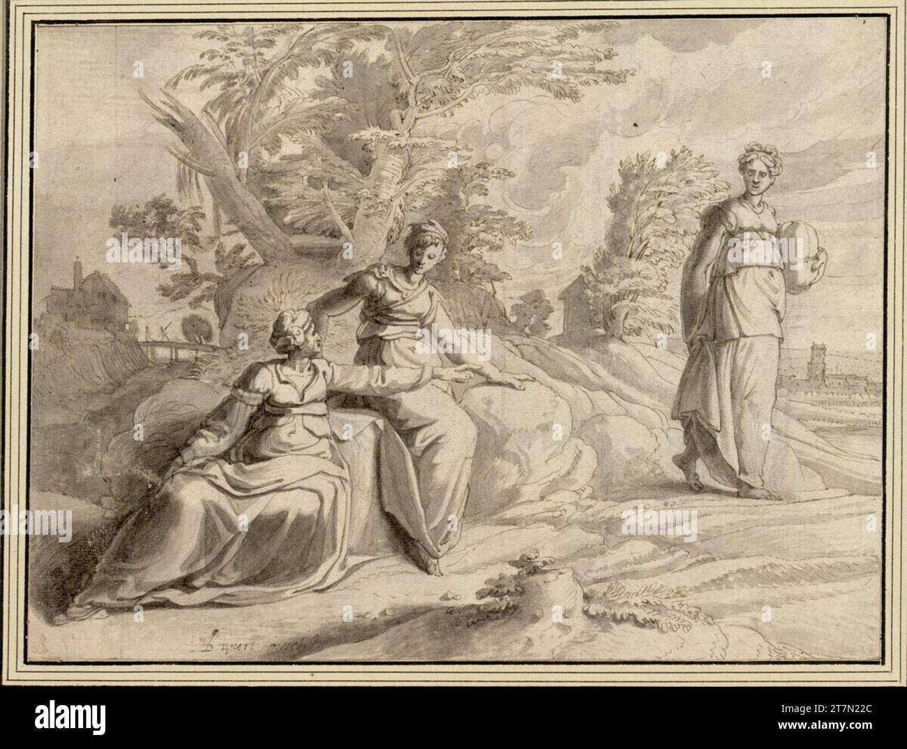 Adriaen de Weerdt Orpha leaves Ruth and Noëmi. Feder in brown, gray ...