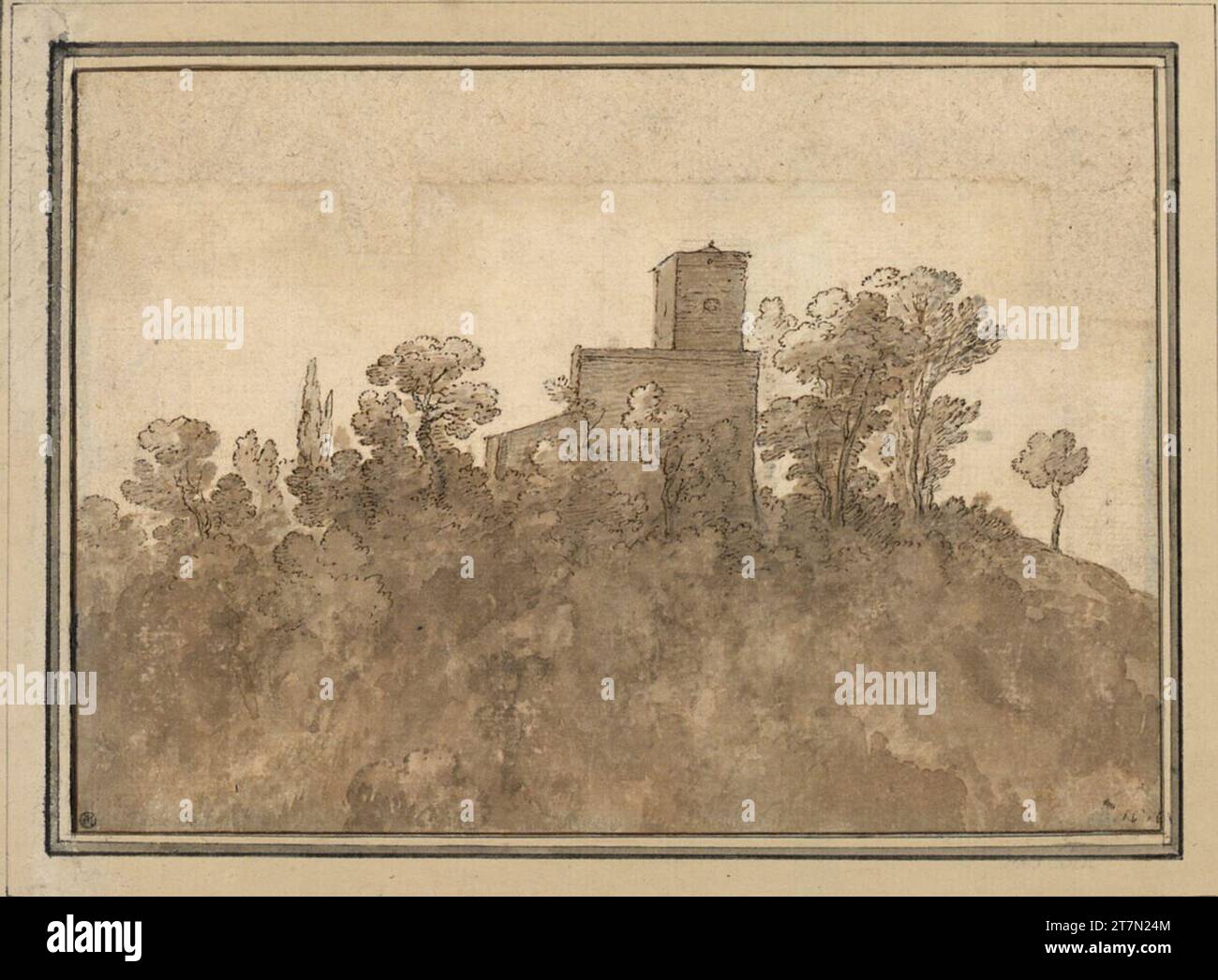 Herman van Swanevelt Tree -rich hill with a fort. Feder in brown, brown ...