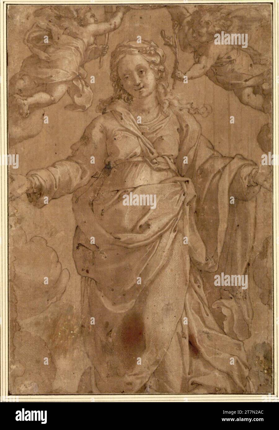 Vespasiano Strada The virgin standing on clouds; Two angels float about ...