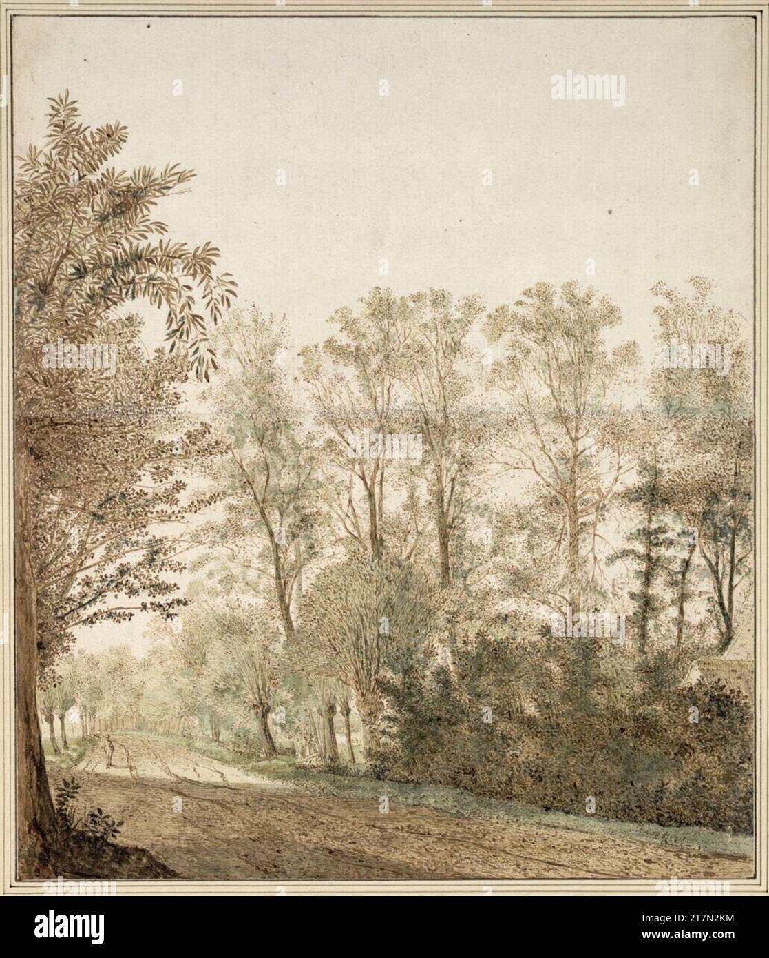 Cornelis Hendriksz. Vroom Land road lined with trees with a pedestrian ...