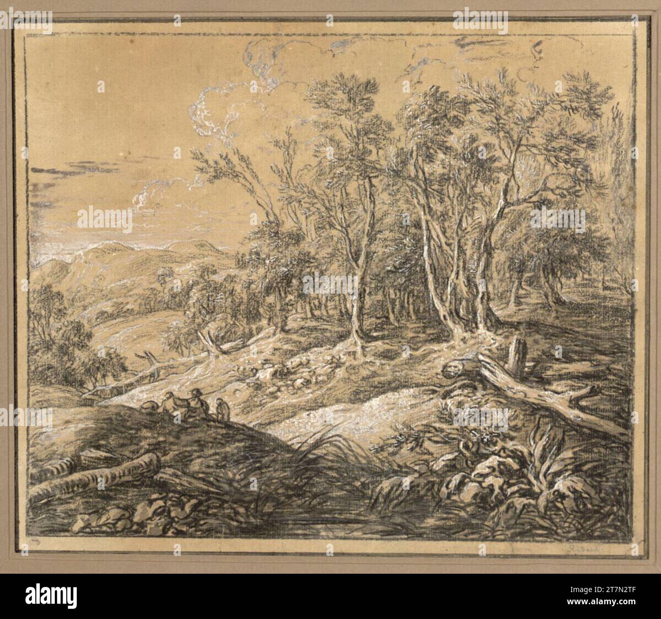 Anonym Hilly landscape with trunk and lying trunks. Black chalk, gray ...