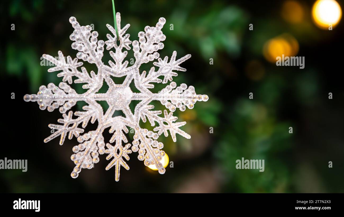 Adorned with holiday white snowflake with empty copy space for text, a ...