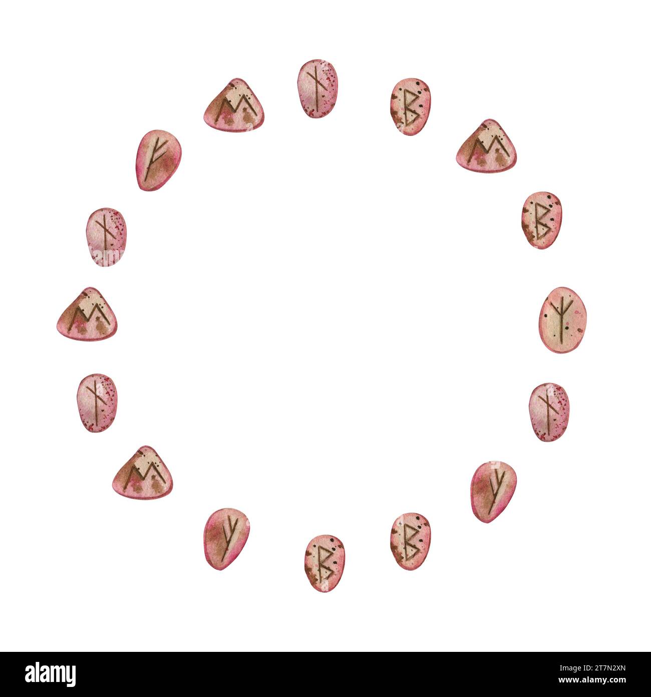 Watercolor illustration. Runes on pink stones arranged in a circle ...