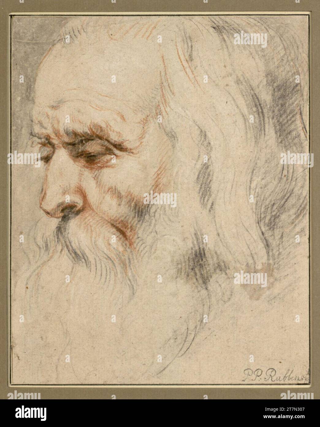 Anonym Head of a bearded old man with long hair. Black chalk and ...
