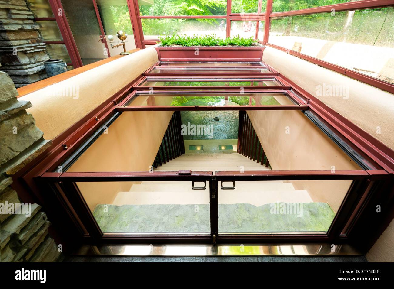 Glass gate and stairs to river at Falling Water, Frank Lloyd Wright ...