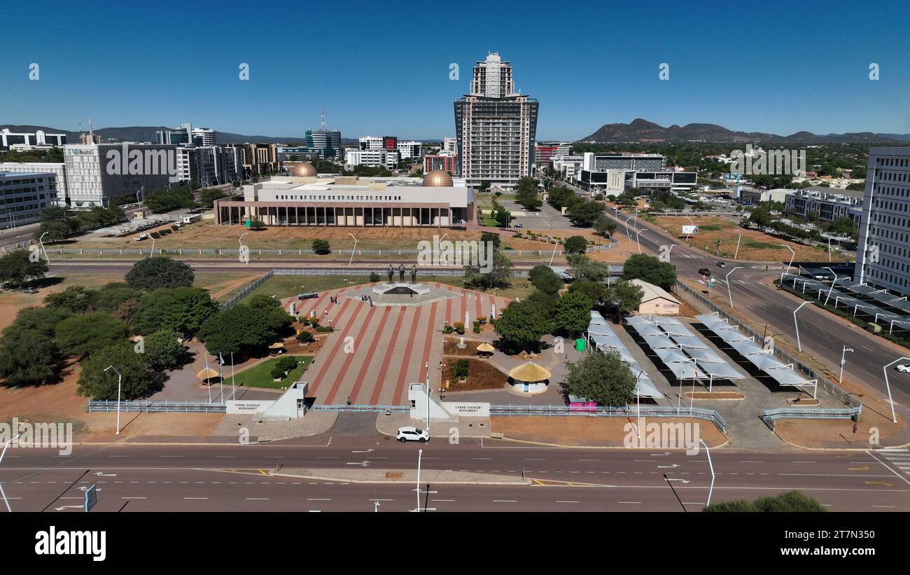 A bustling cityscape of Gaborone, Africa, featuring Three Chiefs ...