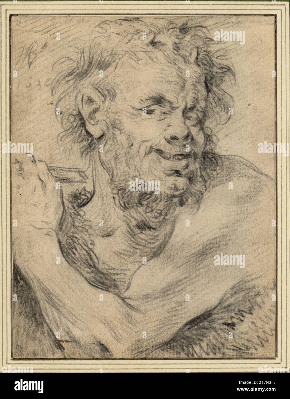 Anonym Half -length portrait of a laughing satyr. Black chalk, on ...