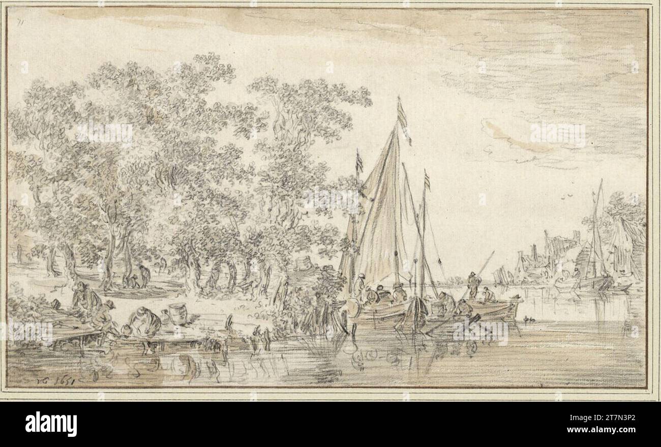 Jan Josefsz. van Goyen Tree -rich bank with figures and sailing boats ...