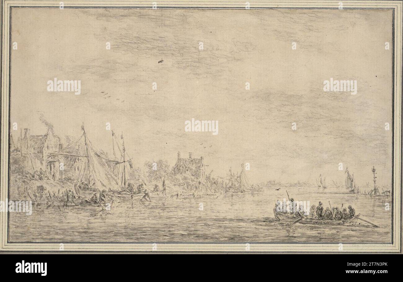 Anonym River landscape with houses and fully occupied barge. Black ...