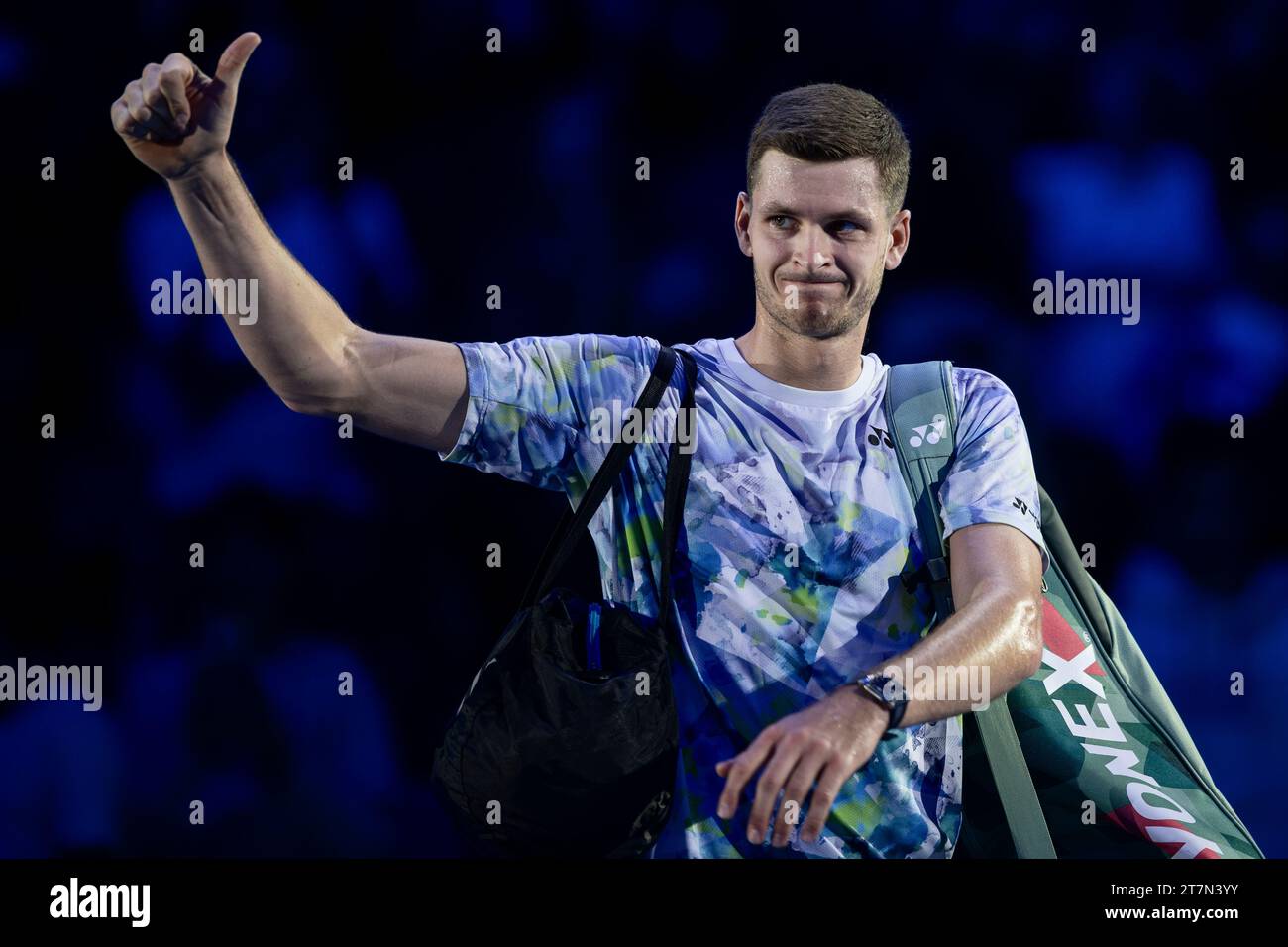 Turin, Italy. 16 November 2023. Hubert Hurkacz of Poland gestures at ...