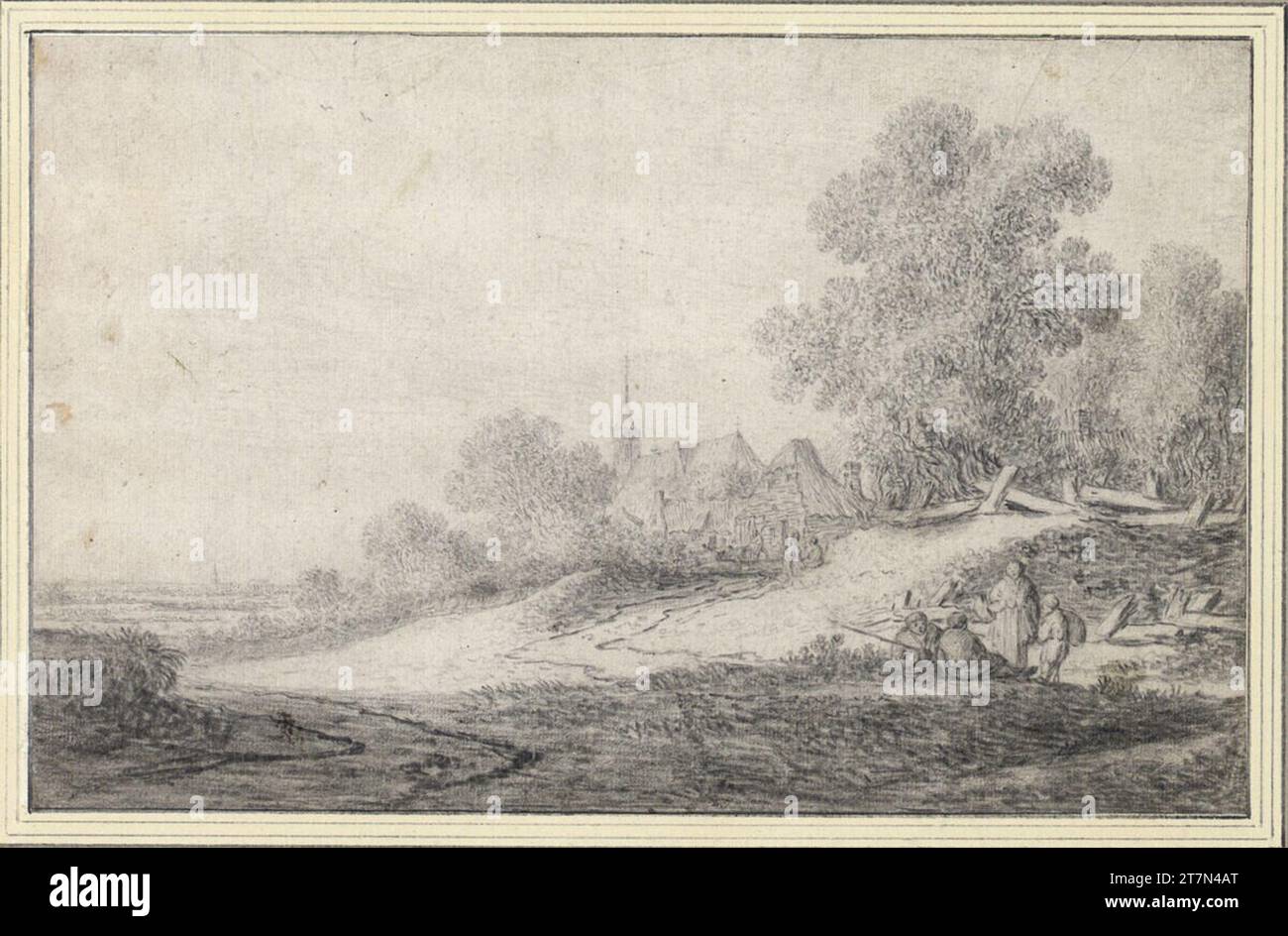 Pieter de Molyn Tree -rich hill with church and houses. Black chalk ...