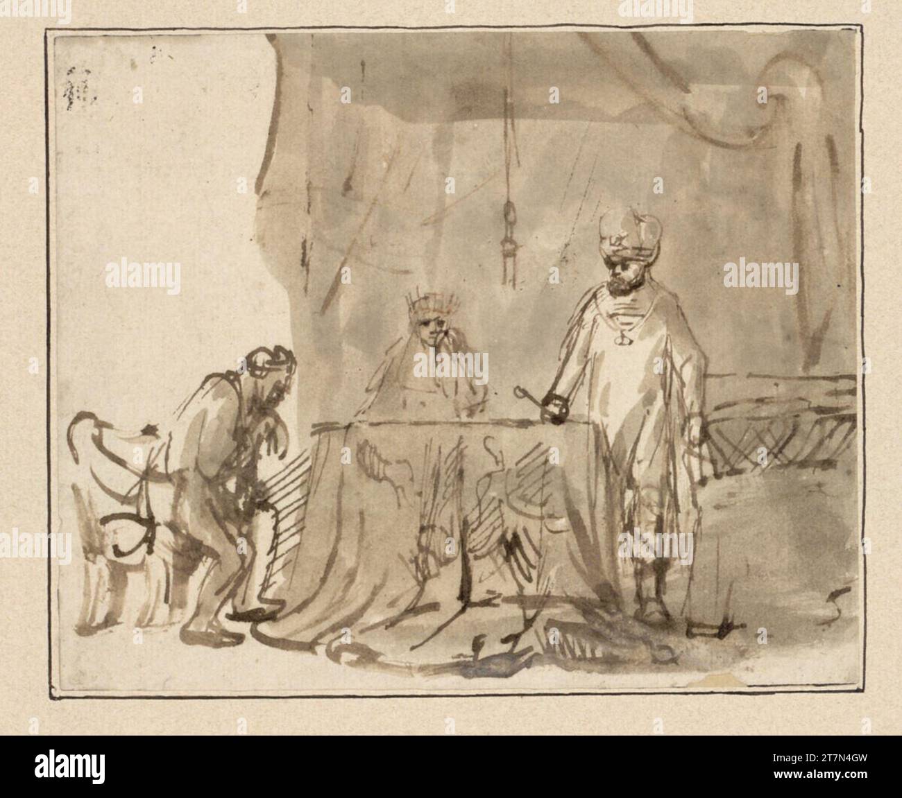 Samuel van Hoogstraten Esthers Mahl. Feder in brown, brown lavated ...