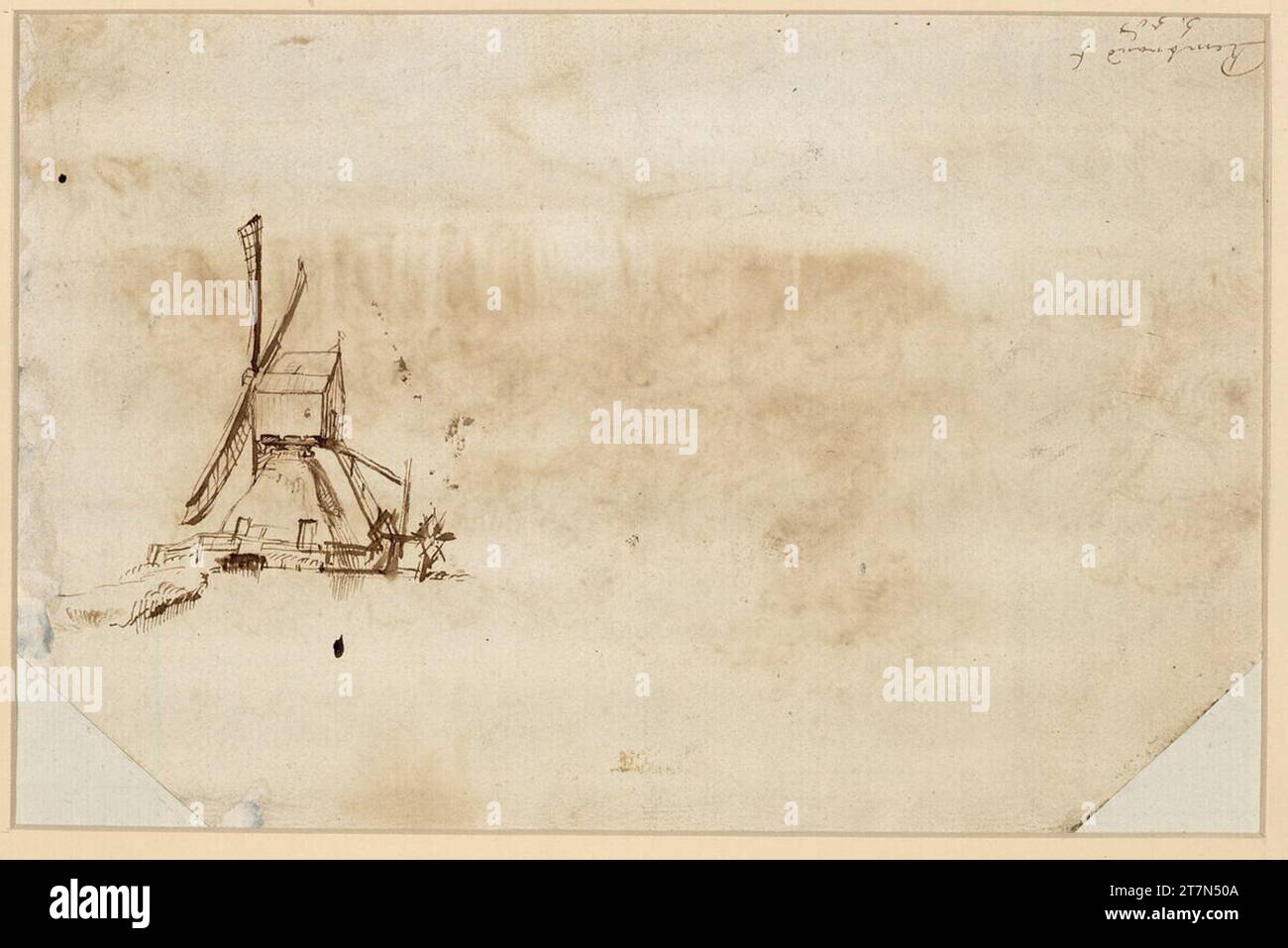 Abraham Furnerius Feder sketch of a windmill. Feder in brown, brown ...