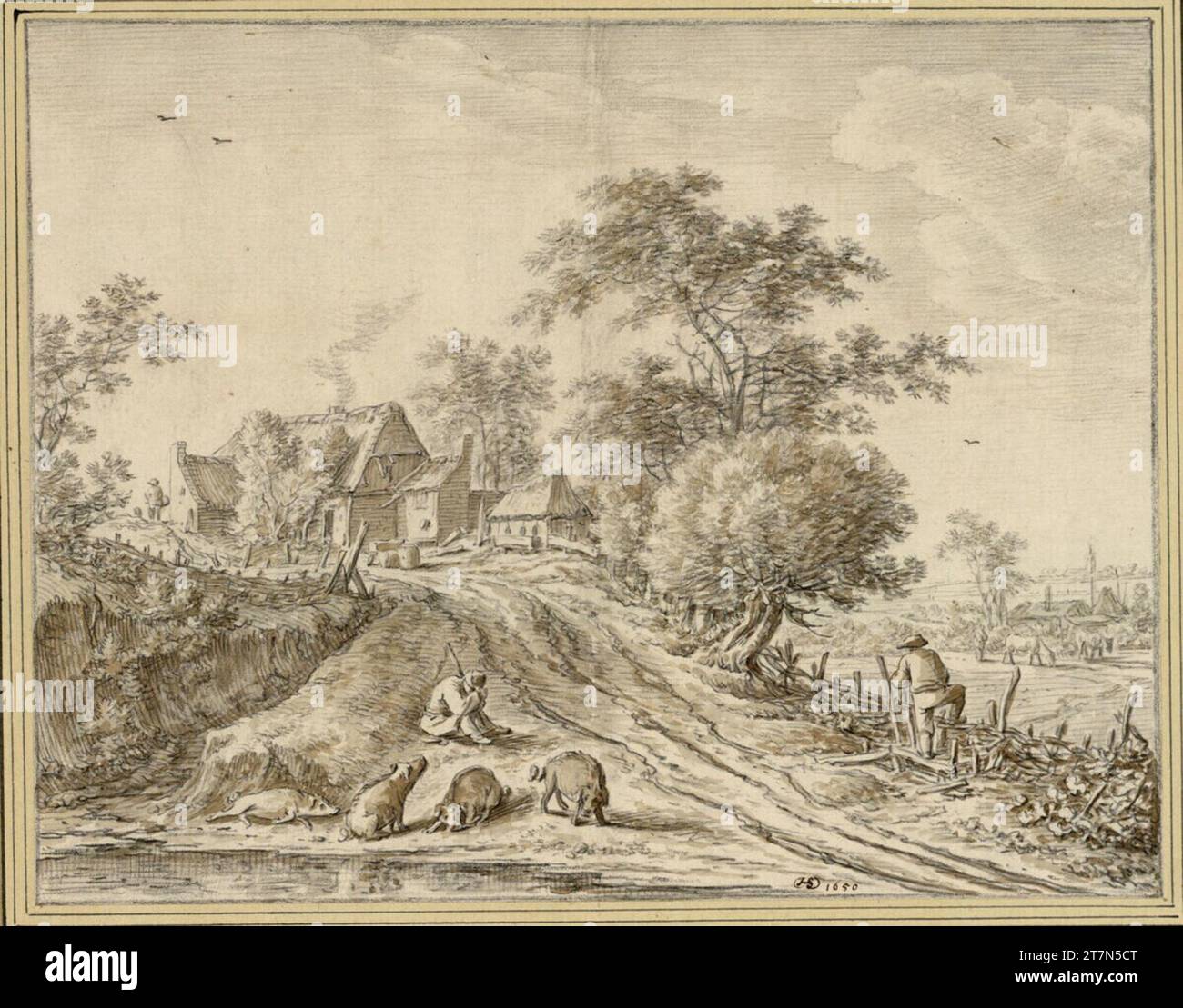 Herman Saftleven Landscape with farmstead and a herbreak. Black chalk ...