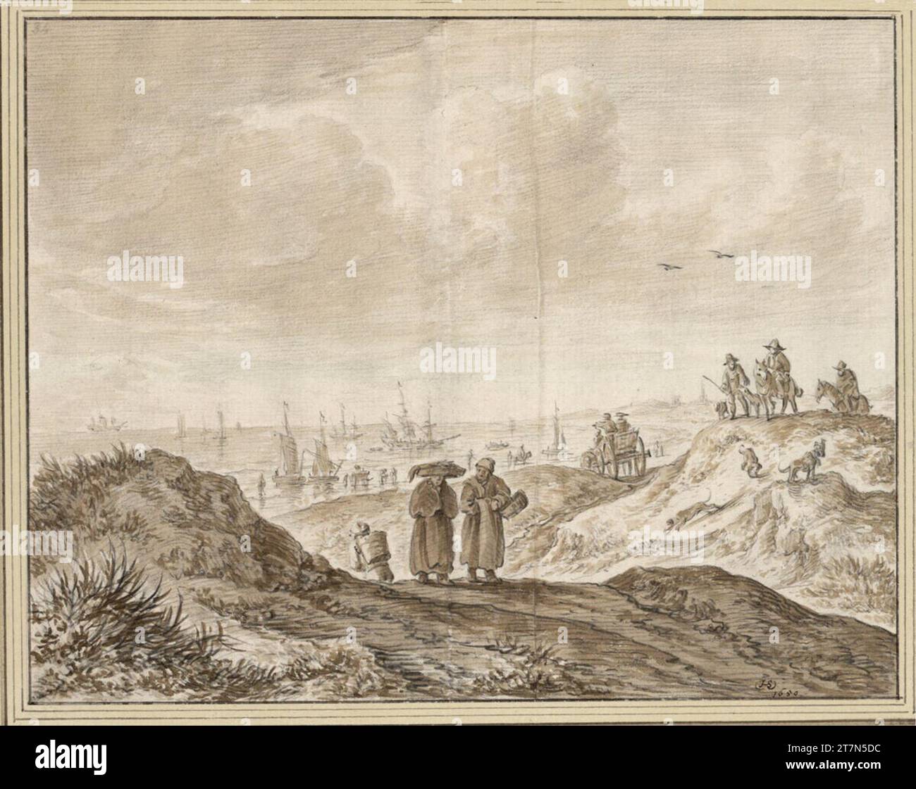 Herman Saftleven Sea beach with dunes. Black chalk, brush in brown ...