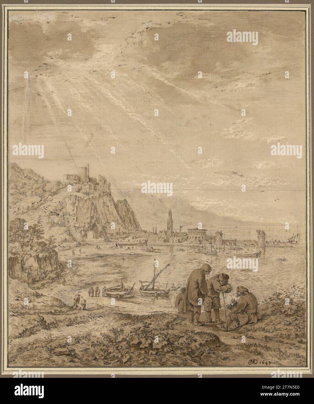 Herman Saftleven Rock rich bay with a view of a city. Black chalk ...