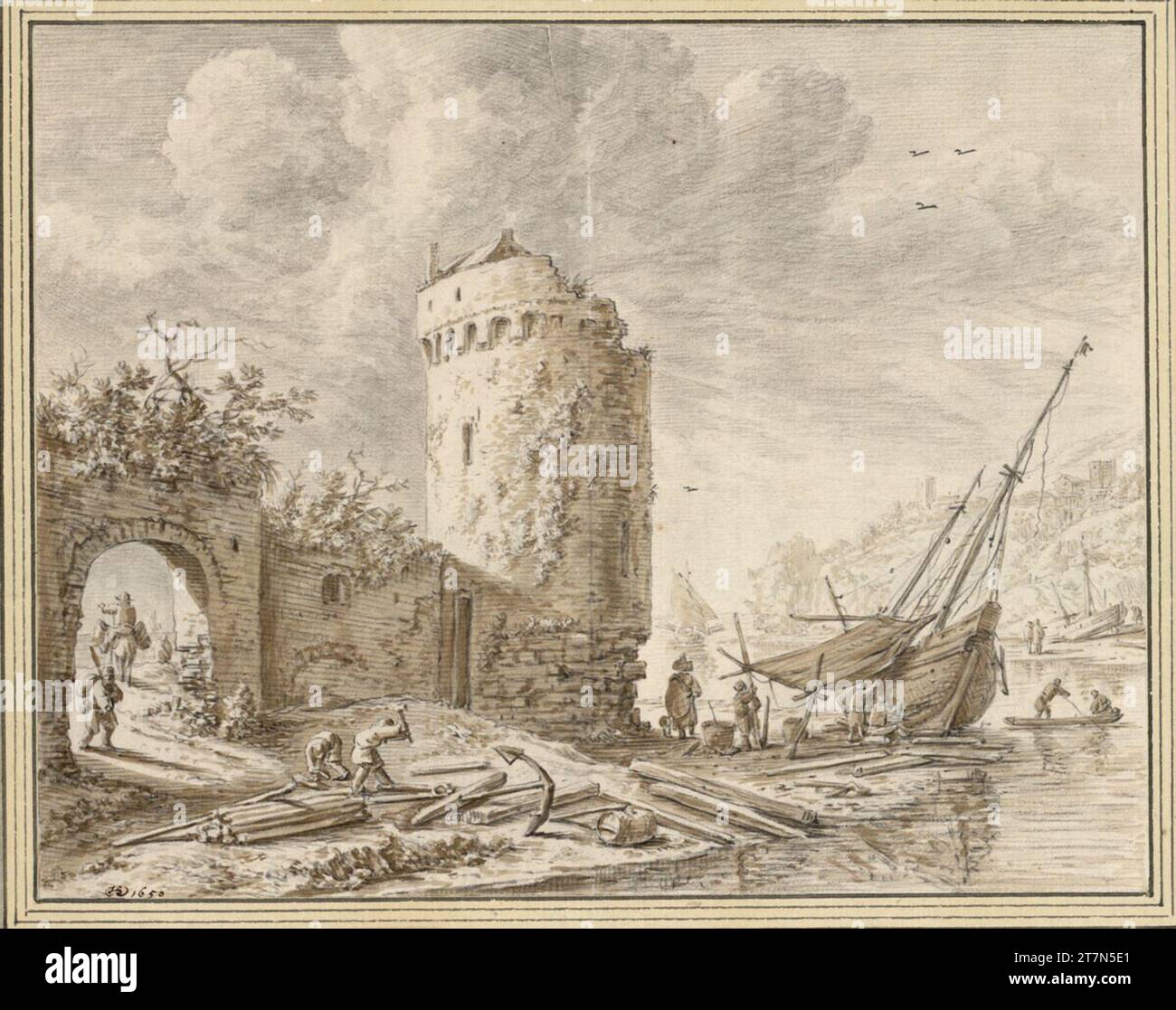 Herman Saftleven Dealing tower with a wall and gate at a river mouth ...