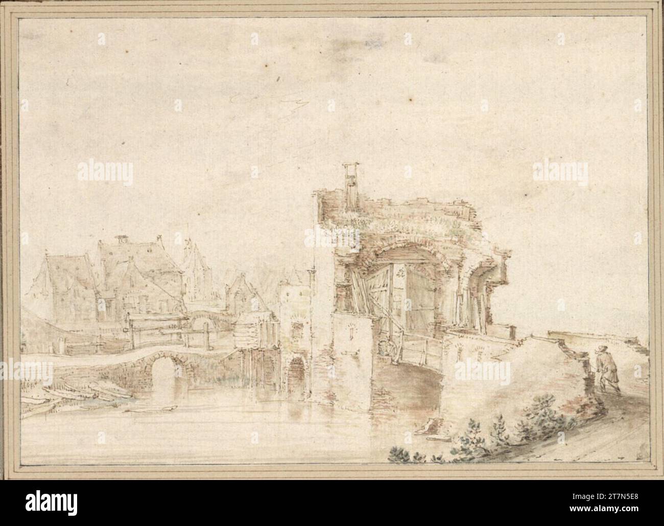 Gysbert Gillisz. de Hondecoeter View of a dilapidated city gate. Feder ...