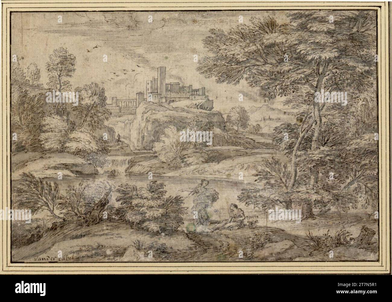 Adriaen van der Cabel Idyllic river landscape (a fort on rocks in the ...